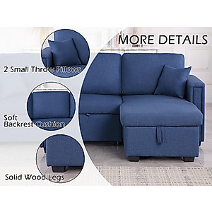 poplarbox L Shape Couch with Pull Out Bed, 84" Small Blue Sectional Sleeper Sofa with Storage Chaise, Convertible Pull Out Couch Bed for Bedroom, Living Room