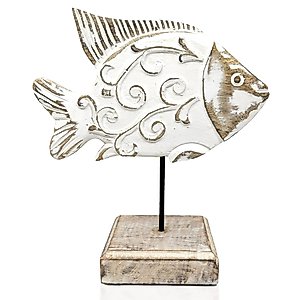 Wooden Fish Sculpture Home Decor | Handmade Beau Butter Fish Statue on Base Stand | Nautical Beach House Decor Rustic Centerpiece Table Decor for Office, Living Room (Beau Butter Fish)