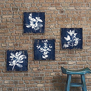 Hardy Gallery White Botanical Wall Canvas Art: Artistic Plant Picture Dark Blue Background Painting for Bathroom (12 x 12 x 4 Panels)