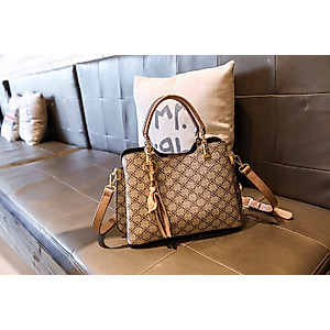 Eightown Beige Tote Bag for Women - Designer Top Handle Bag with Flowers Printing - High-capacity Shoulder Purse with Tassel Pendant(Beige strap)