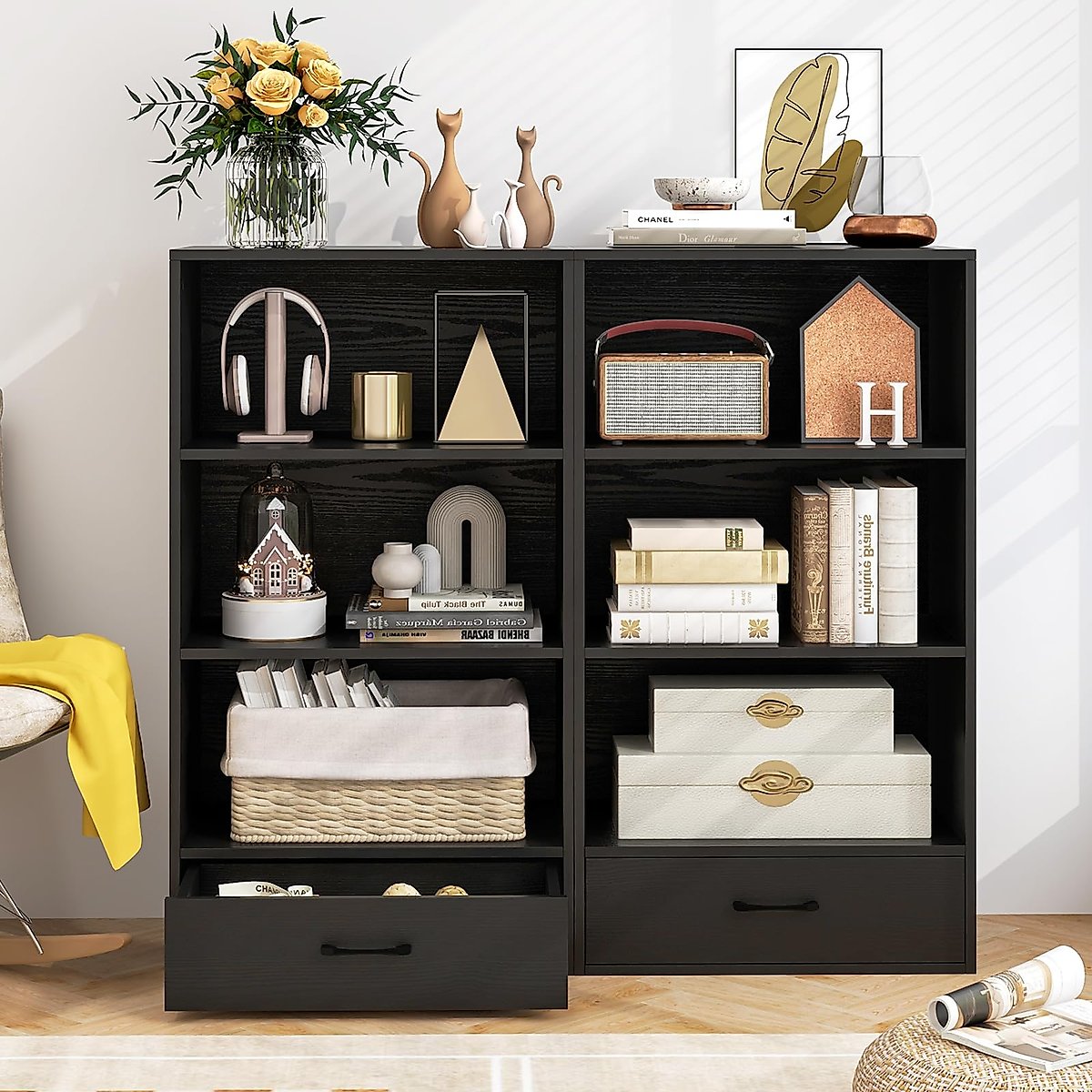 LOKO 4-Tier Bookcase with Storage Drawer, Modern Organizer Display Storage Shelves with Anti-toppling Device, Freestanding Bookshelf with 3 Open Shelves & 1 Drawer, Living Room, Study, Office (Black)