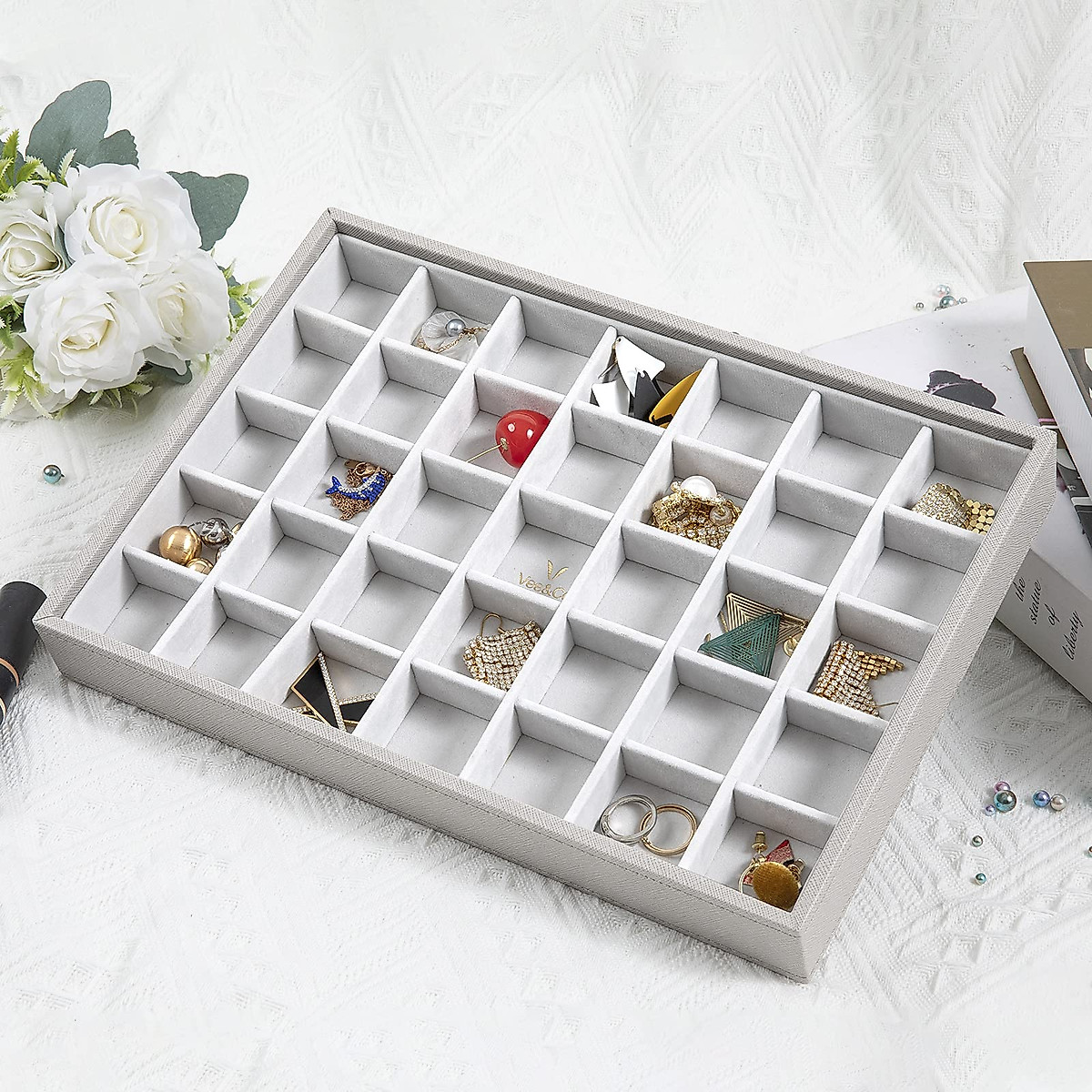 VEE&CO. Stackable Jewelry Organizer Trays for Drawers, Jewelry Drawer Inserts Container Display Case Storage for Earring Necklace Rings Bracelet with Removable Dividers