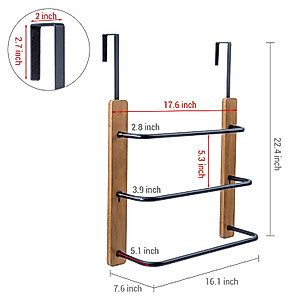 MyGift Rustic Over The Door Towel Rack, 3 Tier Solid Burnt Wood and Matte Black Metal Space Saving Bathroom Door Hanging Towel Bar