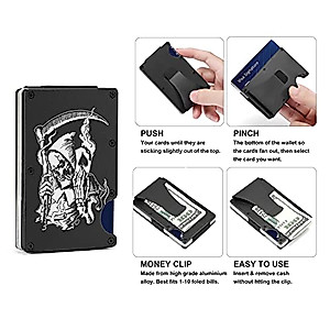 Coukula Minimalist Wallet for Men - RFID Blocking Metal Wallet - Engraved Skull Poker - Aluminum Slim Money Clip - Front Pocket Credit Card Holder - Tactical Wallet for Business Travel