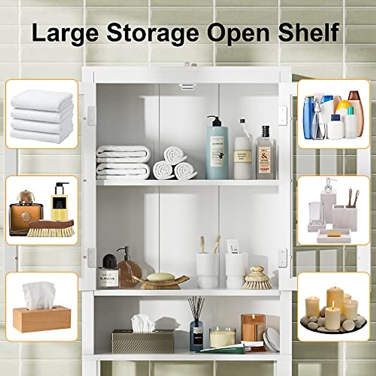 JUMMICO Over The Toilet Storage Cabinet, Bathroom Organizer Over Toilet with Double Door and Inner Adjustable Shelf for Bathroom, Restroom, Laundry