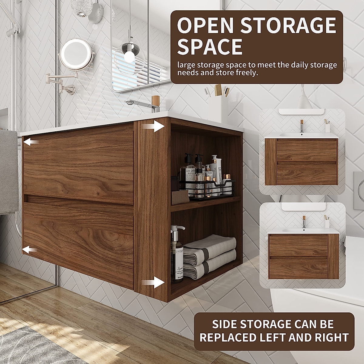 Wall Mounted Bathroom Vanity with Gel Sink Modern 30-Inch Single Bathroom Vanity Set with Top Basin & Storage Cabinet Brown Wood Hanging Bath Cabinet for Small Space Bathroom (Brown)