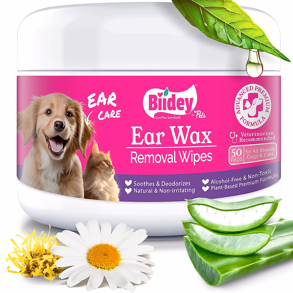 Biidey Dog Ear Wipes, Ear Cleaner for Dogs and Cats, Relieve Ear Itching, Inflammation & Infections, Clean Ear Wax, Debris, Soothe & Deodorize, Natural Organic Essential Grooming Supplies, Paw Cleaner