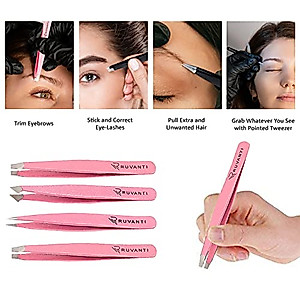 Ruvanti Tweezers 4 Pieces Set for Men/Women - Best for Plucking Eyebrow Facial & Ingrown Hairs, Slant Tip Pointed Straight & Precise - Pink