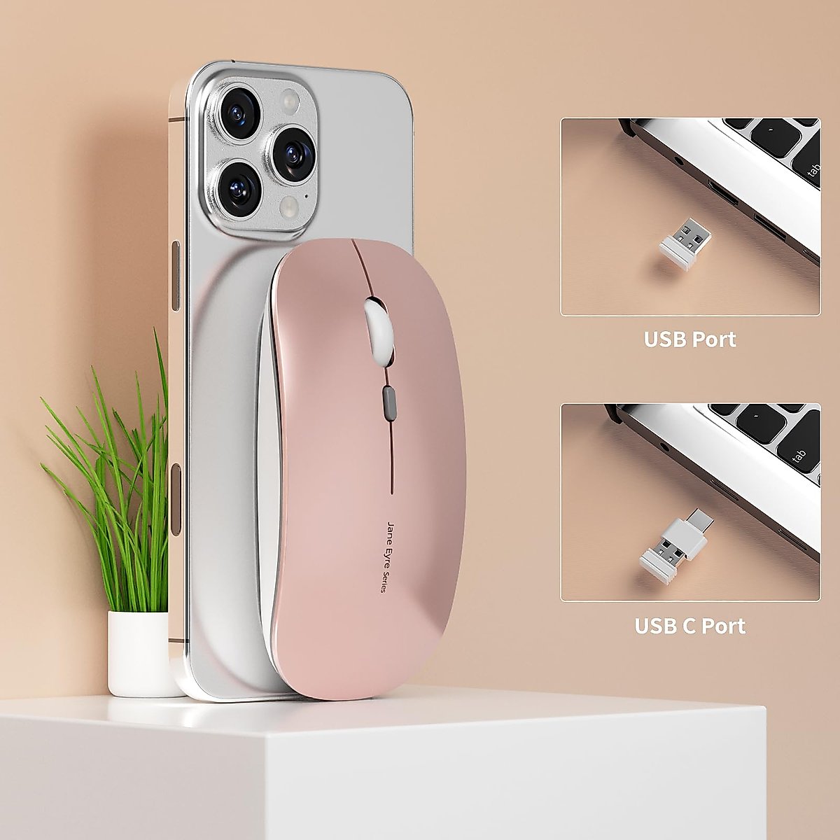 Uciefy Q5 Slim Rechargeable Wireless Mouse, 2.4G Portable Optical Silent Ultra Thin Wireless Computer Mouse with USB Receiver and Type C Adapter, Compatible with PC, Laptop, Desktop (Rose Gold)