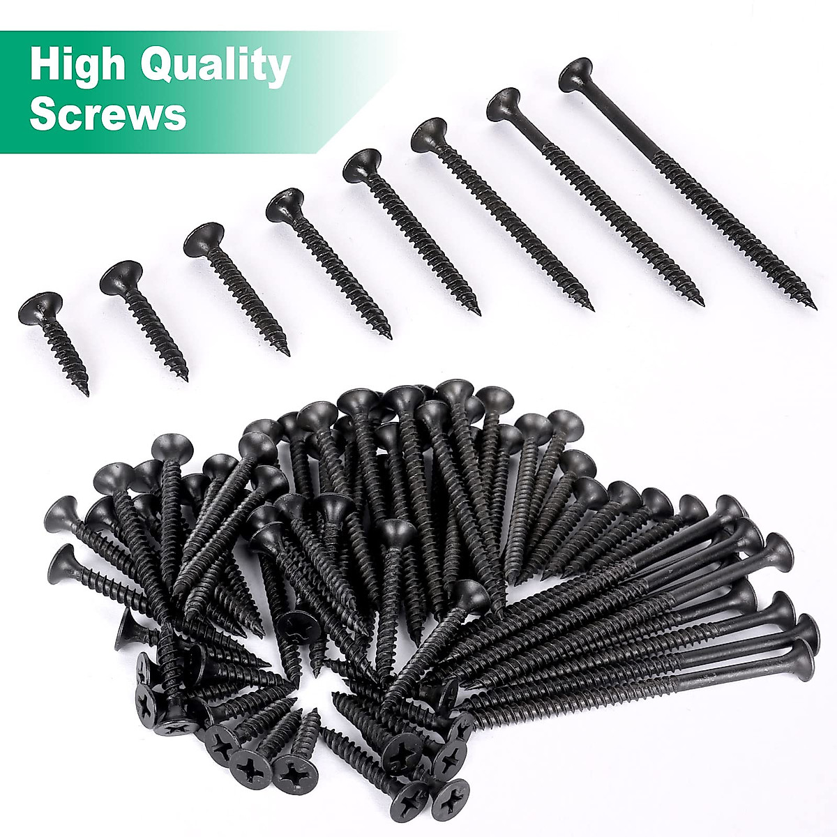 150PCS Drywall Screws, Premium Black Steel Machine Screws with Phillips Drive Device #7 Bugle Head, Black Steel Self-Tapping Screws, Wood Screw Kit, for Drywall Slate, Wood, Furniture Cabinet
