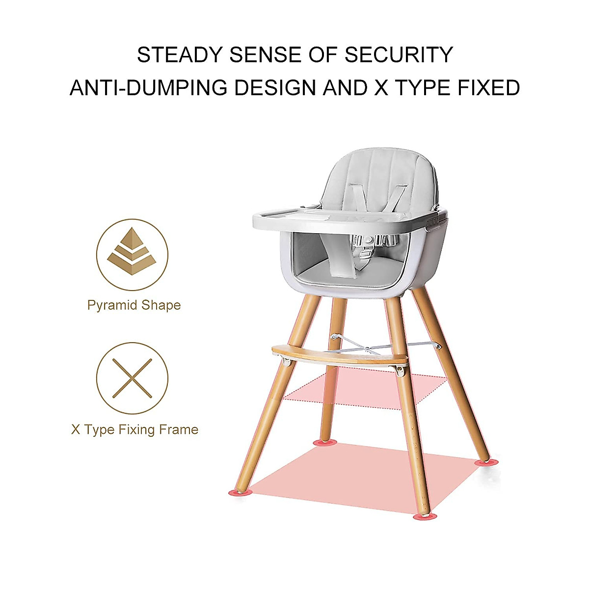 High Chair with Adjustable Legs, Baby High Chairs with Tray for Babies and Toddlers, Removable and Washable BPA-Free Plastic Dinner Plate, Durable Wooden High Chair - Best for 6-36 Months