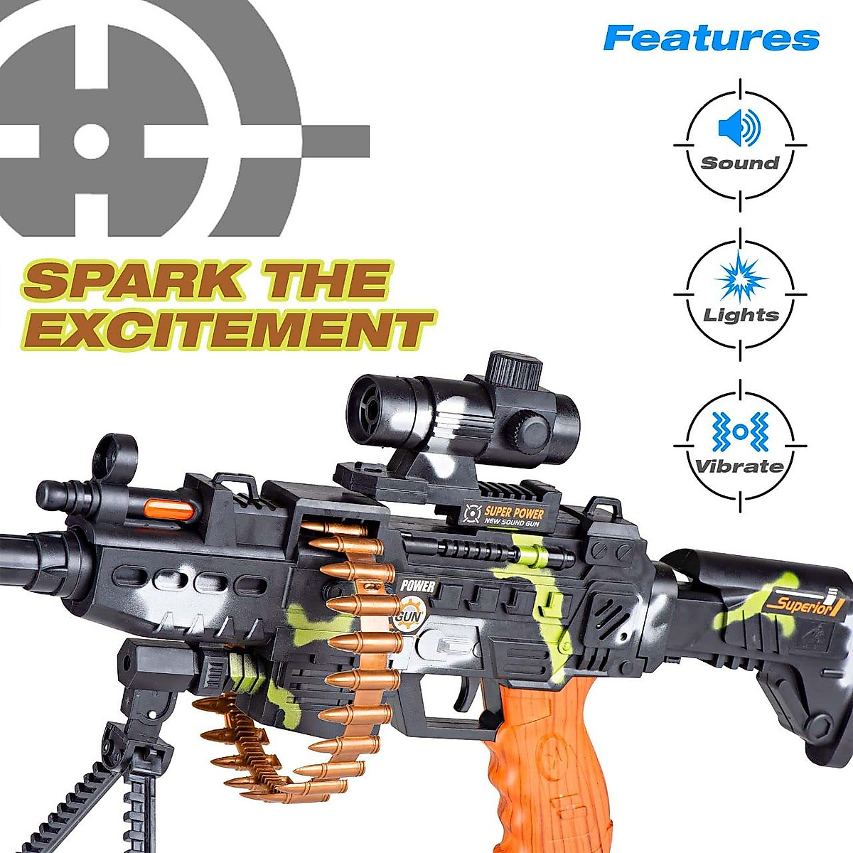 Light Up Toy Machine Blaster - Scope, Stand and Carrying Strap Flashing Lights, Sounds and Unique Revolving Rounds - Toys for Boys Combat Military Mission Toy - Birthday Gifts for Kids - Playo