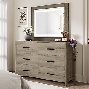 YITAHOME Makeup Vanity with Lighted Mirror, 6-Drawer Vanity Desk with Charge Station, Dressing Table with 3-Mode Light Strip for Bedroom, Maple Gray
