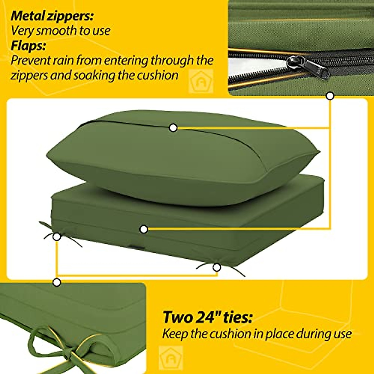 AAAAAcessories Outdoor Deep Seat Cushions for Patio Furniture, Water-Resistant Replacement Patio Chair Cushions Set of 4, 24 x 24 x 5 inch, Dark Moss Green