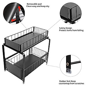 TeoKJ Pull-out Home Storage Organizer, 2-Tier Metal Under Cabinet Sliding Storage, Under Sink Organizer for Kitchen, Bathroom, Cabinet, Pantry, Countertop, Black