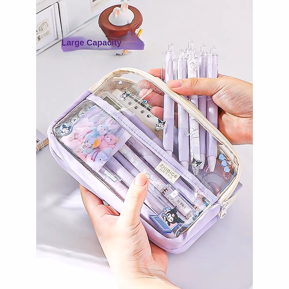 MILLEVIBE Kawaii ITA Pencil Pouch: Large Capacity Multi-Compartment Pen Case with Clear Window for Anime Display (Blue)