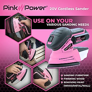 Pink Power Detail Sander for Woodworking 20V Cordless Electric Hand Sander for Wood Furniture - Mini Palm Sander Tool with Sandpaper, Li-Ion Battery & Charger - Small Handheld Sanding Machine