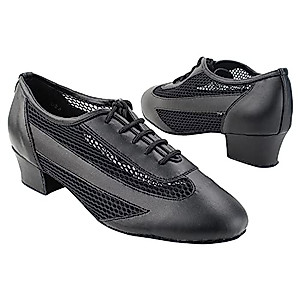 Very Fine Dancesport Shoes - Women's Latin, Salsa Ballroom Practice Dance Shoes - Classic 2009-1.5" Heel & Canvas Mesh Shoe Bag (Black Leather, Size 9)