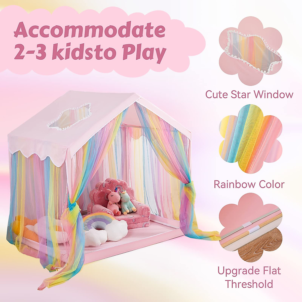 MOOZHEALTH Princess Rainbow Kids Play Tent -Large Castle Playhouse for Girls,Indoor & Outdoor Toddlers Play Tent,Reading Nook Imaginative Games,54x37x52