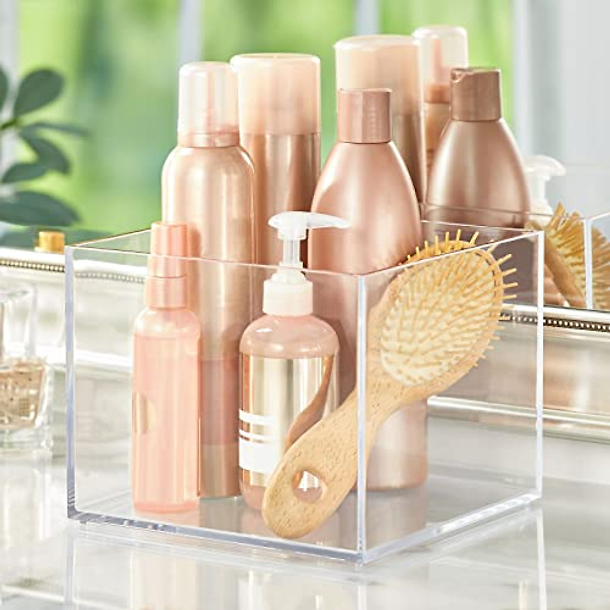 mDesign Makeup Organizer for Bathroom, Bedroom and Vanity Countertops, and Drawers; Storage Bins for Cosmetics, Brushes, Eyeshadow Palettes, Lipstick, Blush - Square - 3 Pack, Clear/Rose Gold