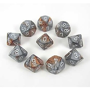 Chessex Dice Sets: Gemini Copper & Steel with White - Ten Sided Die d10 Set (10)