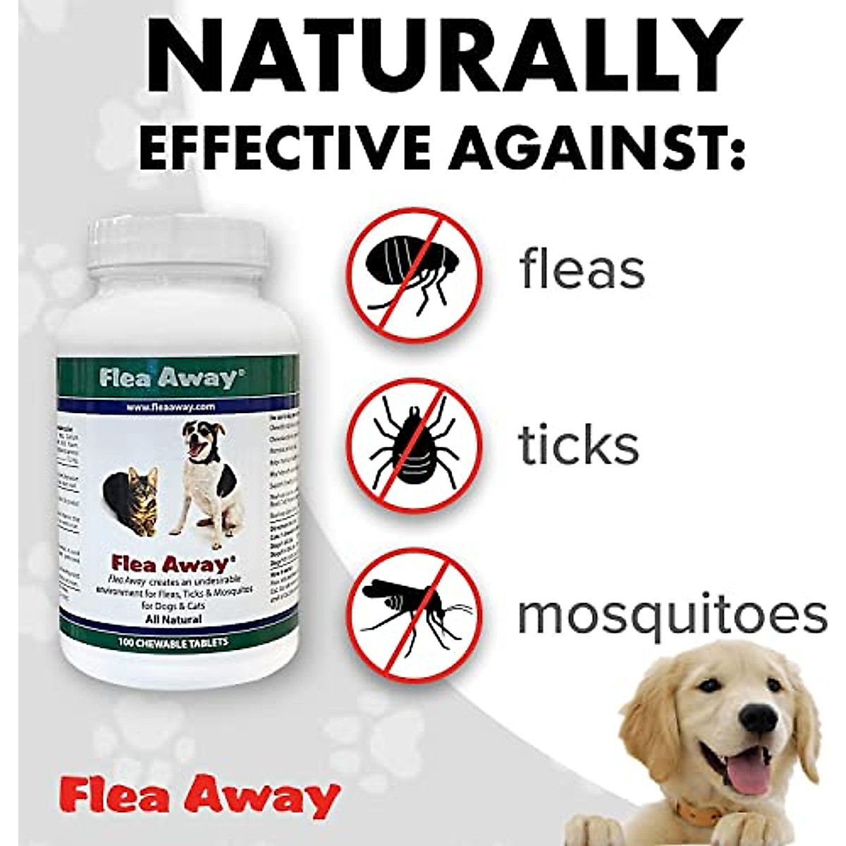 Flea Away All Natural Supplement for Fleas, Ticks, and Mosquitos Prevention for Dogs and Cats, 100 Chewable Treat Tablets, Single