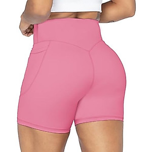 Sunzel No Front Seam Biker Shorts for Women with Pockets, Yoga Workout Gym Bike Shorts with Tummy Control 5" Bubblegum Pink Medium