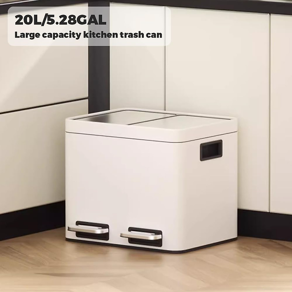 LEASYLIFE 5.28 Gallon Stainless Steel Metal Dual Stream Step-On Trash,2 Compartments, Recycle Bins for Kitchen,Trash and Recycle Bin Combo for Kitchen (20L)