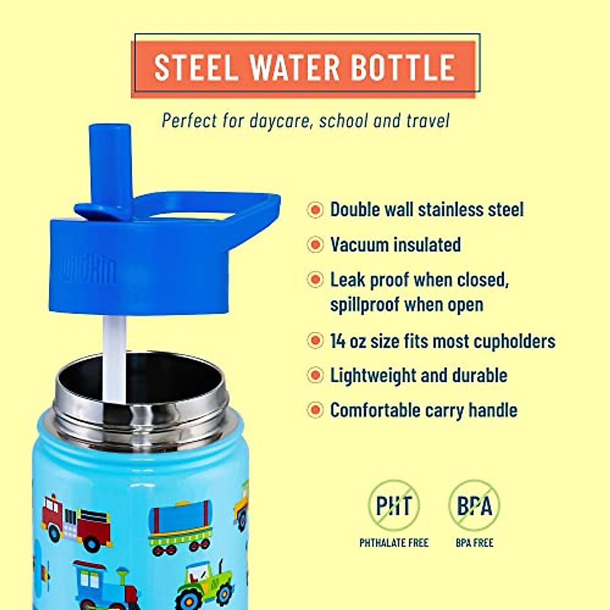 Wildkin Kids Stainless Steel 14 Ounce Water Bottle for Boys & Girls, Perfect for Daycare, School, or Travel, Features Straw Top & Carrying Handle, Easy to Clean Water Bottles (Trains, Planes & Trucks)