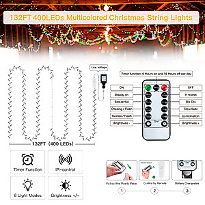 Ollny Christmas Lights 400LED 132FT, Plug-in Outside Tree Lights with Timer and 8 Modes, Remote Control Waterproof Dimmable Outdoor String Lights for House Yard Patio Xmas Decorations (Multicolored)