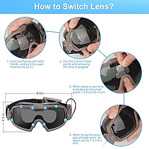 XImybst Airsoft Goggles Anti Fog, Tactical Goggles with Fan and Interchangeable Lens, Military Shooting Safety Goggles & Glasses for Cycling Paintball Hunting Motorcycle (DE)