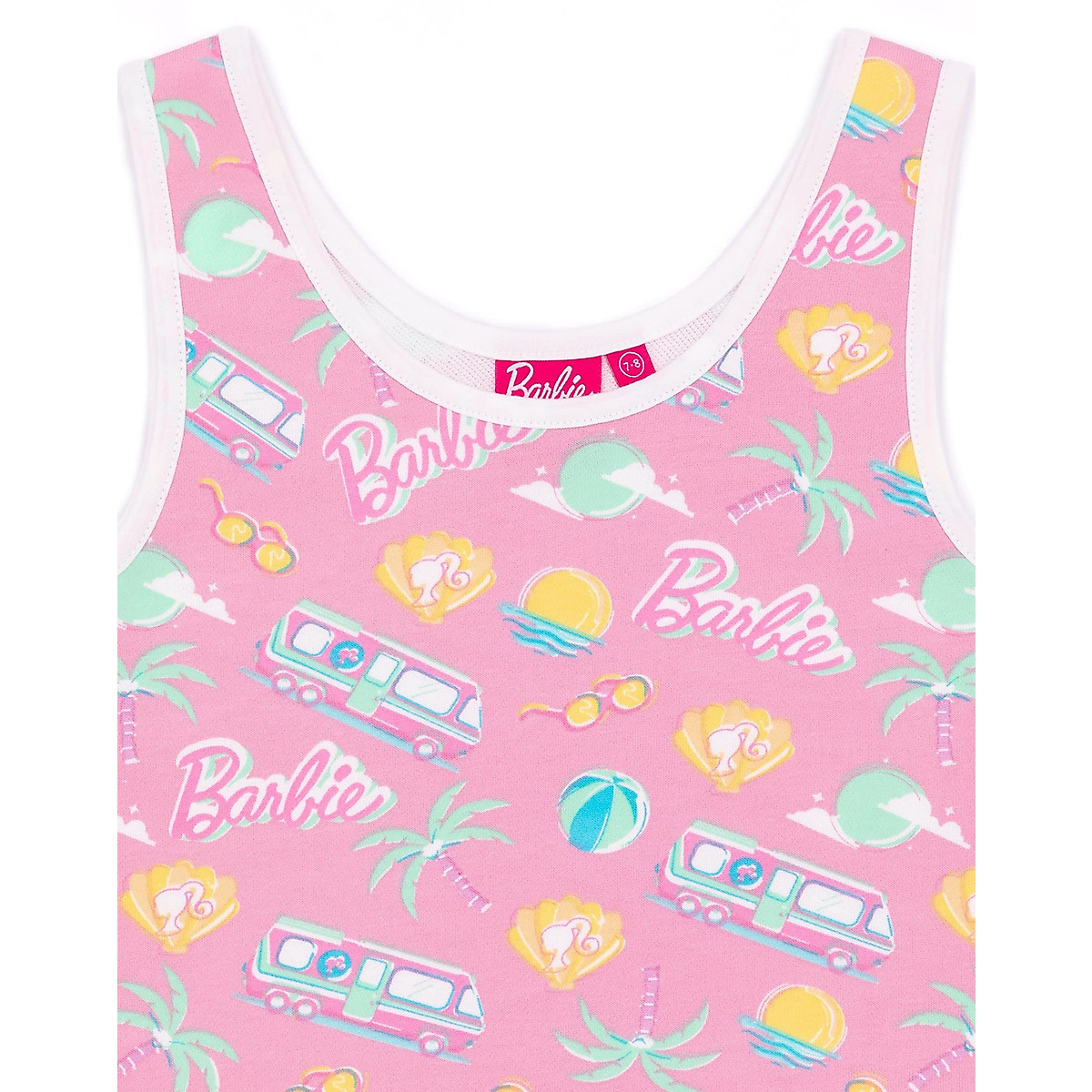 Barbie Girls 2 Piece Co-Ord | Kids Pink All Over Print Vest & Shorts Set | Palm Trees Sunglasses Summer Holiday Beach Daywear