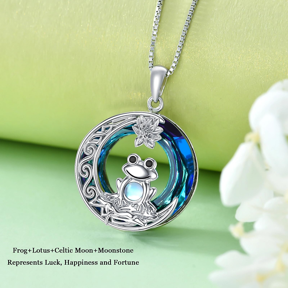 POTOPYY Frog Necklace S925 Sterling Silver Crystal Frog Pendant Cute Frog Lotus Moonstone Jewelry Gifts for Women Daughter Frog Lover Christmas Birthday Mothers Day