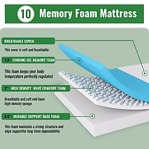 10 Inch Memory Foam Mattress King Mattress Wave Comfort Foam Mattress CertiPUR-US Certified,Removable Soft Cover, mattresses for Bed Frame, Bunk Bed, Trundle, Daybed,Fiberglass Free，White