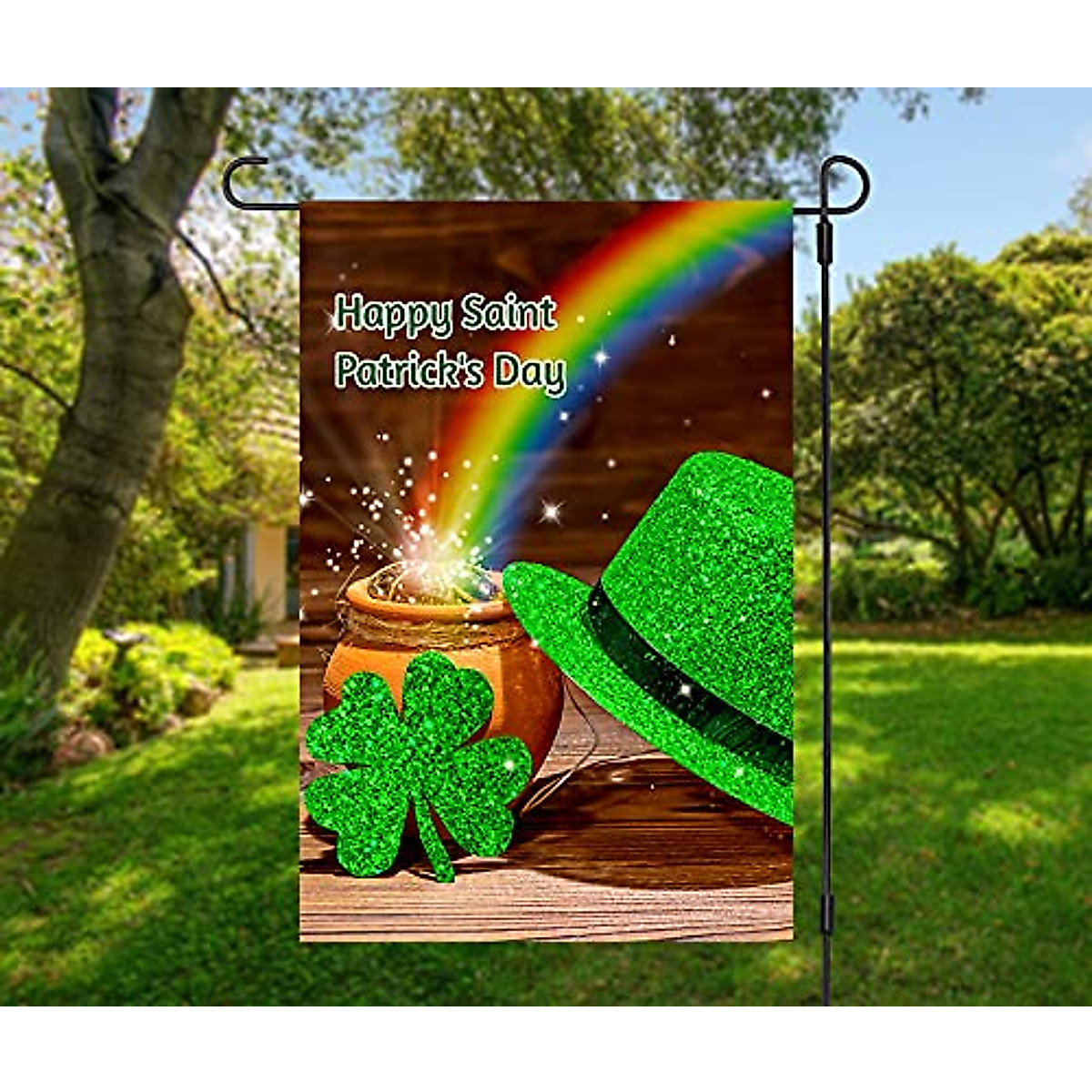St Patricks Day Garden Flag - Pot of Gold Leprechaun Flag - 12 x 18 Double Sided Irish Garden Flags - Shamrock Saint Patricks Day Rainbow Flag by Jolly Jon