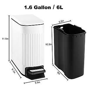 TIPGO Slim Bathroom Trash Can with Lid Soft Close, 6 Liter / 1.6 Gallon Stainless Steel Garbage Can with Removable Inner Bucket, Foot Pedal, Small Trash Cans for Bedroom, Office, Kitchen (White)