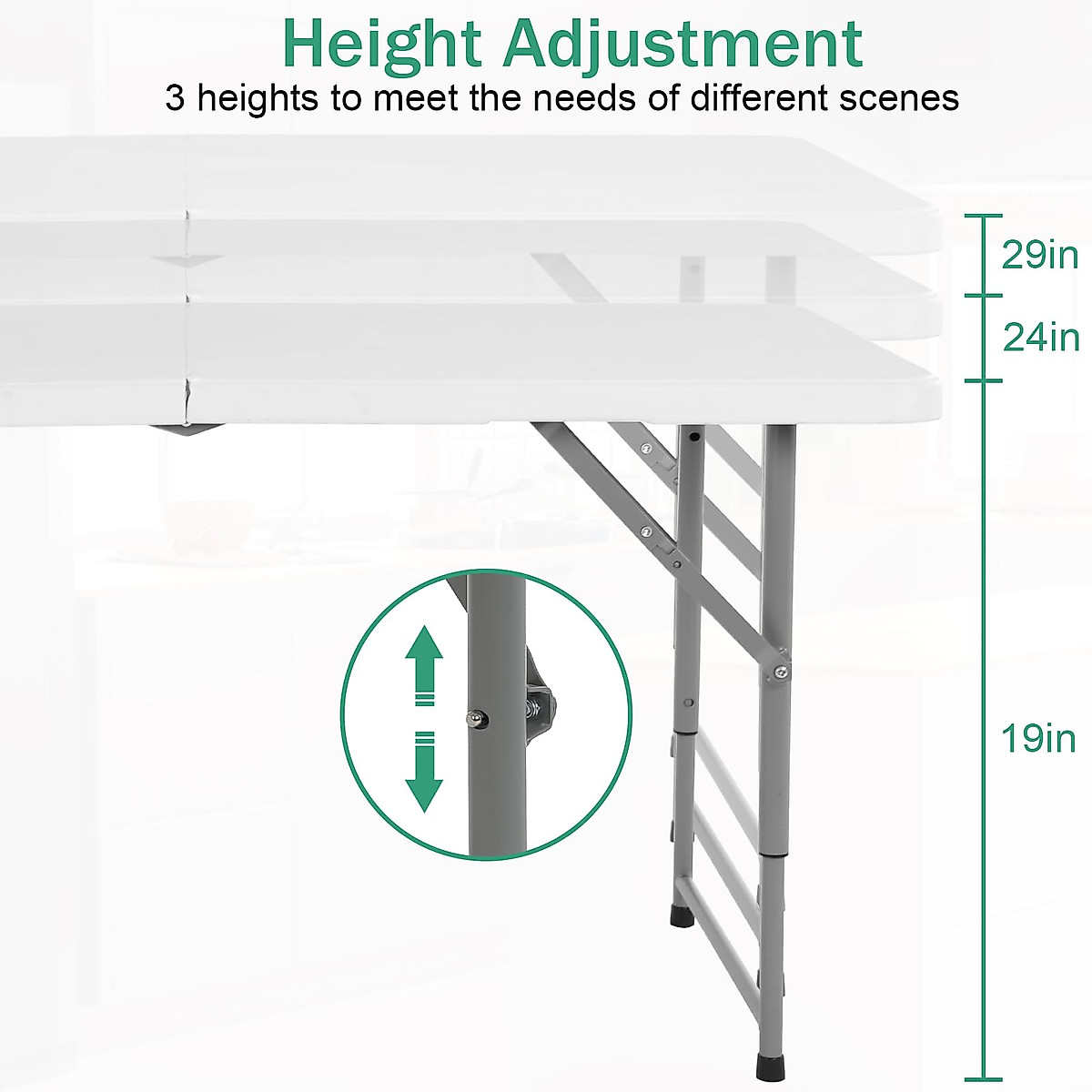 Folding Table, 4 FT Heavy Duty Plastic Foldable Table with Carrying Handle, Adjustable Height Portable Party Tables for Garden Party Picnic Camping BBQ Dining Kitchen Wedding Market Events