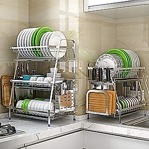 Plate Rack Dish Drainer Rack Kitchen Supplies Storage Draining with Chopsticks/Knives/Cutting Board Holder Drainboard Pan Plate Holder (Color : Silver, Size : 3-Tier)