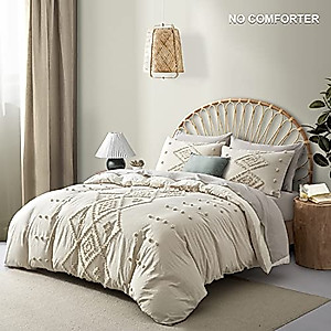 Oli Anderson Tufted Duvet Cover Queen Size, Soft and Lightweight Duvet Covers Set for All Seasons, 3 Pieces Boho Embroidery Shabby Chic Bedding Set (Beige, Queen, 90’’ x 90’’)