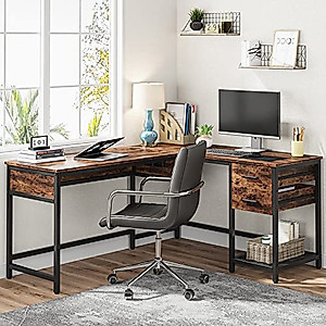 LITTLE TREE L Shaped Desk with Lift Top, Sit to Stand Corner Computer Desk with 2 Drawers, Height Adjustable Standing Desk with Storage Shelf for Home Office, Rustic Brown