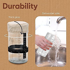 SourDough Starter Jar Kit Large 34oz. Wide Mouth Glass Jar with Scraper, Spatula, Cloth Cover, Feeding Band, Aluminum Lid, Temperature Strip, Instructions, Home Bread Baking Supplies, Fermentation Jar