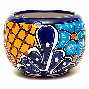 Enchanted Talavera Ceramic Succulent Pot Small Flower Planter Cactus Bonsai Pot W/Drainage & Hanging Holes Home Garden Office Desk Décor Gift (Small 4.5" x 4", Cobalt)