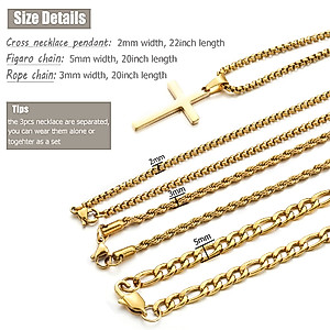 HSWYFCJY 3Pcs Set Cross Necklace for Men, Mens Cross Necklace Cross Chain Layered Stainless Steel Rope Figaro Chains for Women Boys Gold Silver Black (20inch/22inch)