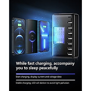 USB Charging Station, Ziwodiv 8-Ports USB Charger Station, 60W/12A Multi Port USB C Hub Charger with LCD Display for Multiple Devices, Compact Desktop Charging for iPhone iPad Samsung Android Tablet