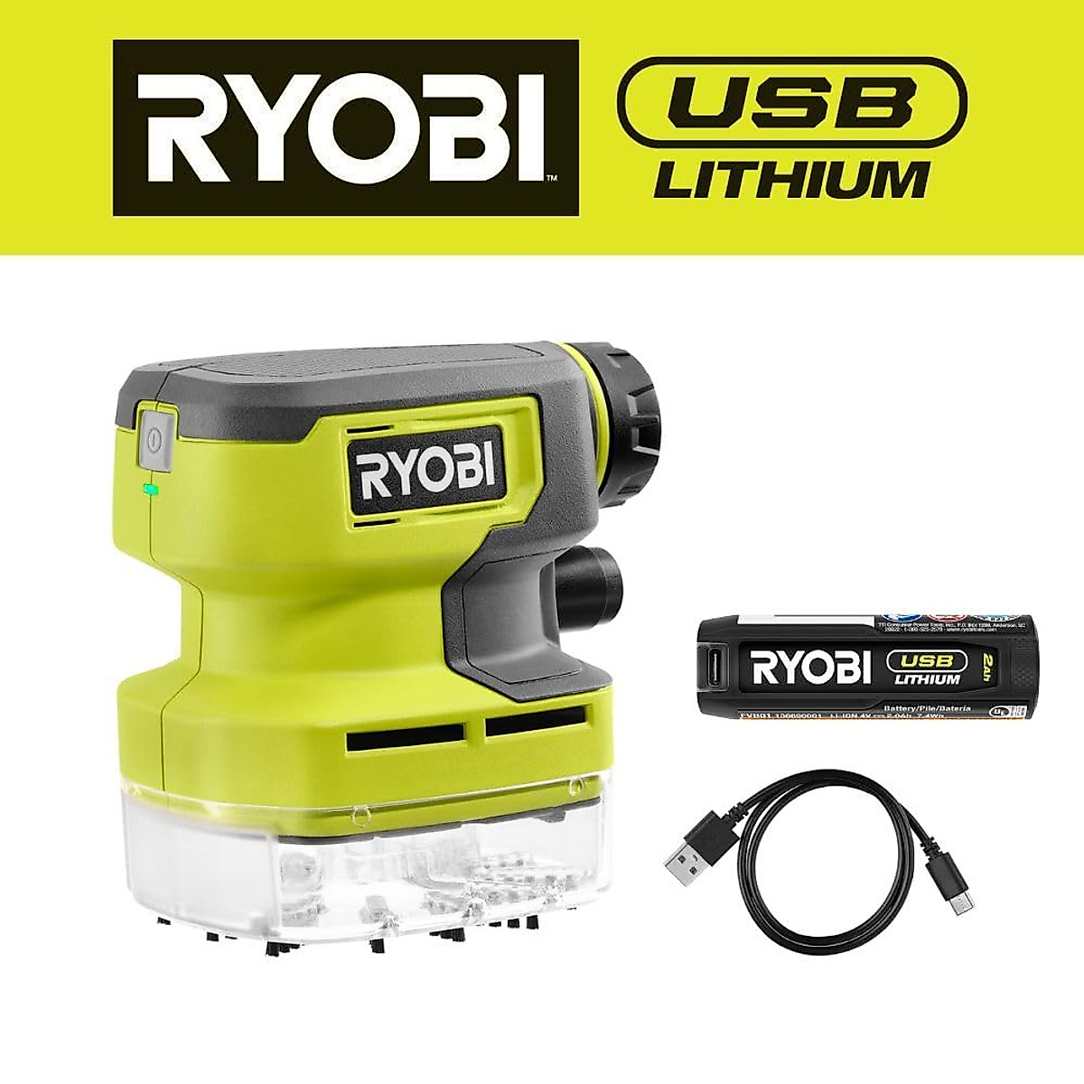 Ryobi USB Lithium Desktop Vacuum Kit with Battery and Charger, Green, FVH67K