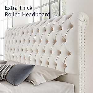 Jocisland Queen Size Bed Frame, Velvet Upholstered Platform Sleigh Bed with Scroll Headboard & Footboard, Button Tufted, No Box Spring Needed, Beige