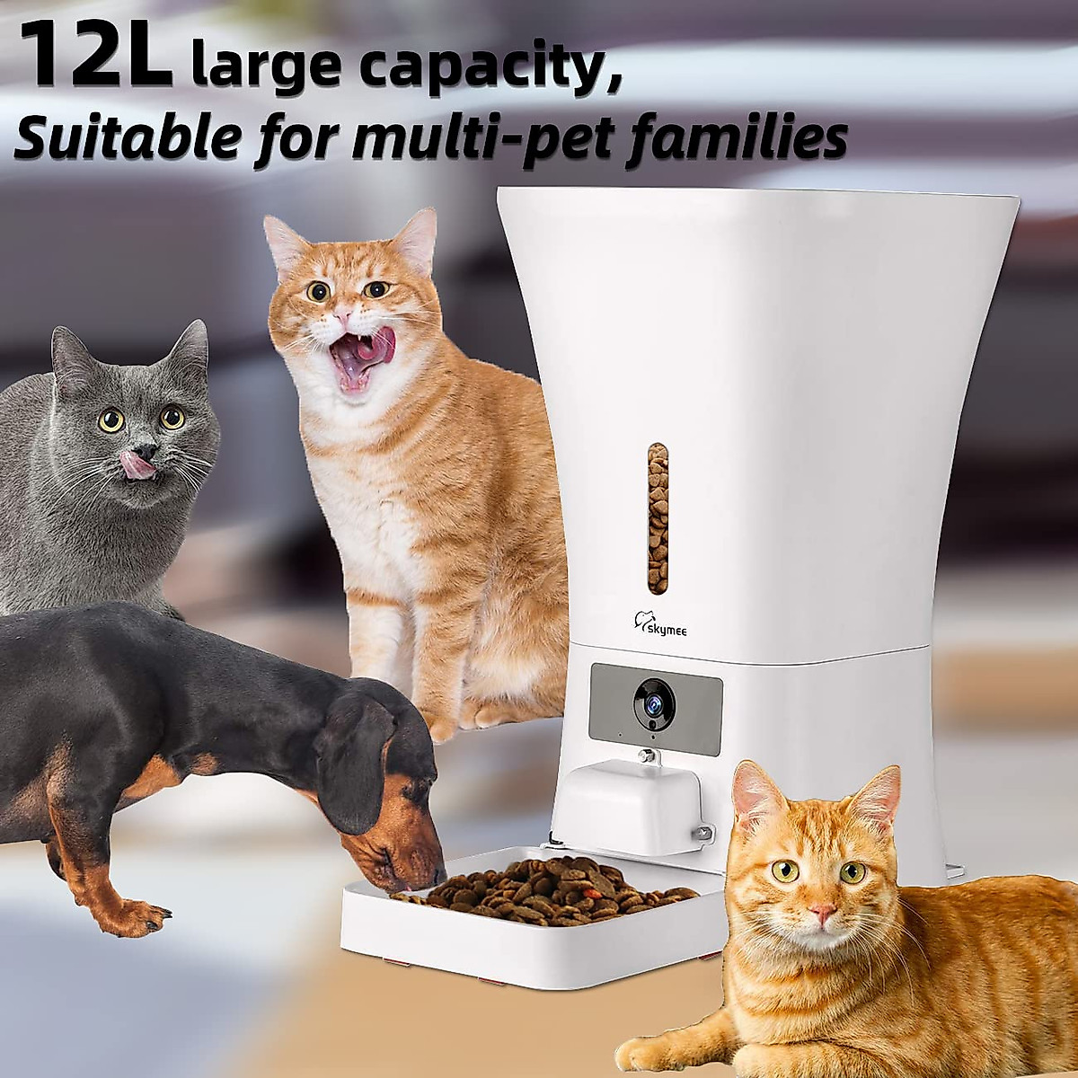 SKYMEE 12L WiFi Pet Feeder Automatic Food Dispenser for Cats & Dogs - 1080P Full HD Pet Camera Treat Dispenser with Night Vision and 2-Way Audio, Wi-Fi Enabled App for iPhone and Android