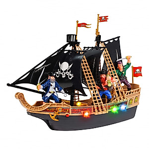 Kidplokio Toy Pirate Ship Boat Adventure Playset with Lights Sounds Action Figures, Black, Boys, Ages 3+