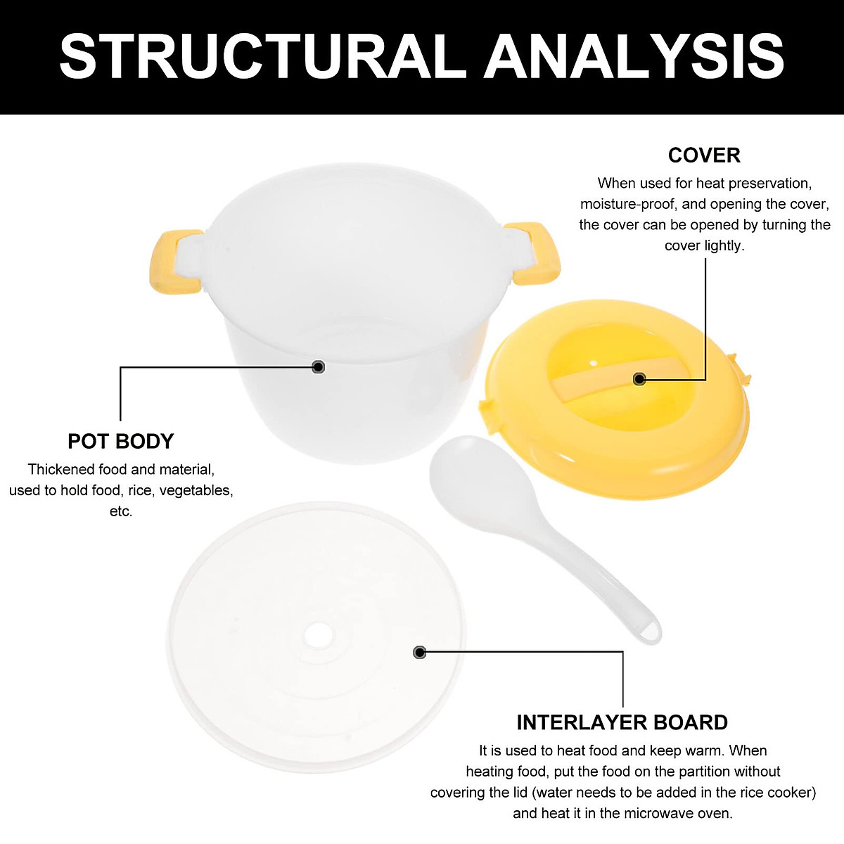 Microwave Rice Cooker Vegetable Steamer Set Portable Travel Removable Non- Stick Pot Kitchen Cookware for Cooking Soup Rice Stews Oatmeal 20X20X15.5CM