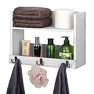 Wall Mounted Bathroom Shelf with Towel Rack 2-Tier Rustic Floating Shelves Towel Holder with 3 Hooks, Bathroom Organizer Shelves for Bathroom, Office, Living Room, Bedroom, Kitchen